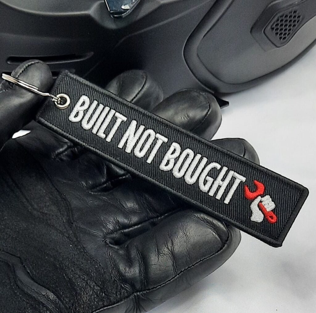Embroidered Motorbike Key Tag "Built Not Bought" - Rat-Ryder
